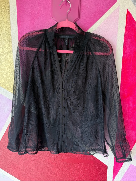 White House Black Market | Tops | Whbm Black Lace Mesh Ruffle Collar ...